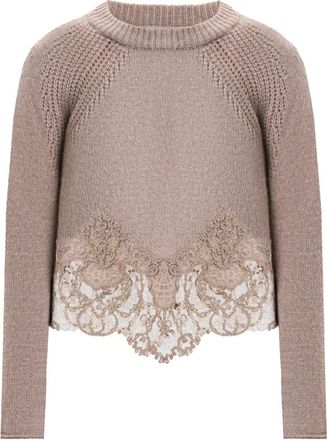 Ermanno Scervino Femme, Pulls, Beige, Taille: 36 FR Pull Court en Cachemire avec Dentelle Rebrod&eacute;e