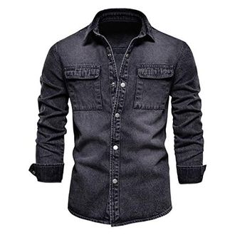 Generic Chemise en jean &agrave; manches longues pour homme Coupe ajust&eacute;e : chemise en denim boutonn&eacute;e chemise d&eacute;contract&eacute;e avec poche poitrine chemises d&eacute;contract&eacute;e