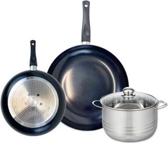 Fackelmann ELO 9734450 Batterie de cuisine 3 pièces, Ensemble de 2 Poêles de cuisson 24 et 32 cm et 1 faitout 20 cm Elo Prima Brillant, inox, induction, Noir