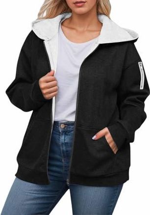 Generic 2026 Vestes &agrave; capuche &agrave; fermeture &eacute;clair pour femme - Manches longues - Veste l&eacute;g&egrave;re d&eacute;contract&eacute;e 2025, Noir, XXL