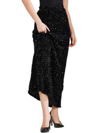 Allegra K Damen Pailletten-Samtrock Elastische Taille Funkelnder Party Maxirock Schwarz XL