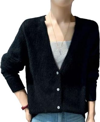 Generic Cardigan en cachemire pour femme 100 % vison - Veste ample - Col en V - Manches longues, noir, Taille XL