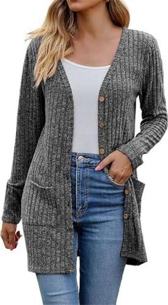Generic Cardigan long et l&eacute;ger pour femme - Cardigan basique c&ocirc;tel&eacute; - Cardigan d&eacute;contract&eacute; en tricot avec poches - Manteau long de printemps - V&ecirc;tement dext&eacute;r