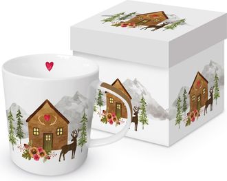 ppd Tasse Tiermotive Hüttenzauber an Gebirgsszene aus Porzellan. Motivtasse für den gedeckten Tisch und als Geschenk 0,4L x H10,5cm