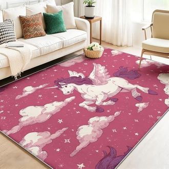 Generic Tapis 140 x 200 cm Lavable Poil Ras Anti Slip Chambre - Dessin Anim&eacute; &Eacute;toiles Animaux Chevaux Th&egrave;me Tapis de Salon, Rose Moquette Decoration Maison pou