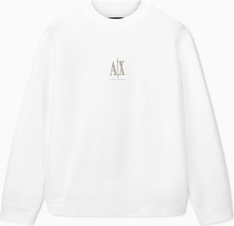 A|X Armani Exchange Mens Long Cuffed Sleeve up, Front Logo Sweatshirt, Off White, S