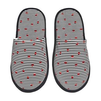 Generic Pantoufles DHiver Ladybugs Sur Fond Ray&eacute; Noir Et Blanc Cozy Pantoufles De Voyage Chaud Chaussons Pour Automne Chambre Int&eacute;rieur L