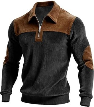 Generic Pull Homme Velours C&ocirc;tel&eacute; Grande Taille Tendance 2026 - Doubl&eacute; Polaire Thermique Patch Coude Bloc Couleur Col Montant, Sweater Chaud & Anti-Vent(Black