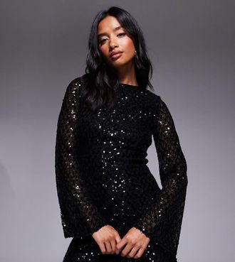 Jaded Rose Petite Minikleid in Schwarz mit Pailletten und ausgestellten &Auml;rmeln