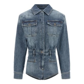 Self Portrait Rhinestone Denim Playsuit - - Jumpsuits & Playsuits - Damen - Blau - S