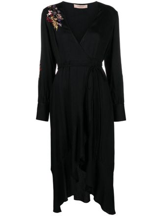 Twin-Set robe portefeuille mi-longue &agrave; fleurs brod&eacute;es - Noir
