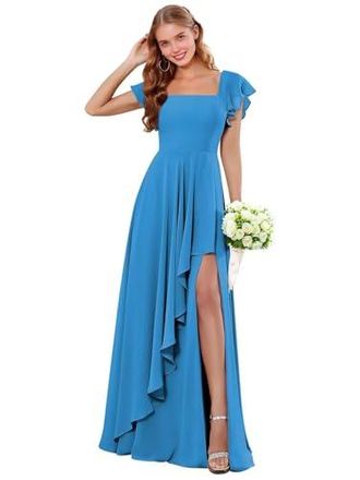 Generic Robe de demoiselle dhonneur à manches courtes en mousseline de soie avec fente et col carré à volants Robe de soirée formelle, bleu, 58 Grande taille