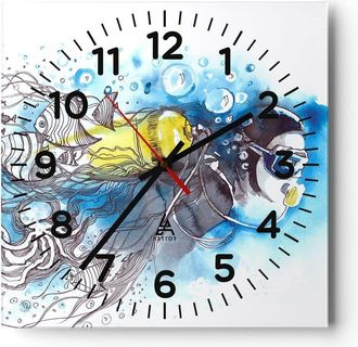 Arttor Modern Wanduhr Taucher Fische Illustration Hobby 30x30cm Quadrat Klein Wand Uhr Glas Analog Zimmeruhren K&uuml;che B&uuml;ro Wohnzimmer Glasuhr Wall Clock Dekor