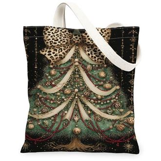 Generic Sacs fourre-tout en toile motif sapin de No&euml;l, sacs d&eacute;picerie r&eacute;utilisables, vintage, festifs, l&eacute;gers et lavables en toile pour le shopping, les voyag