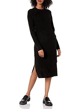 The Drop Renata Robe pour Femme, Longueur Midi, Côtelée, Noir, Taille XXS