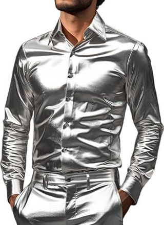 Generic DENGJIAMY Chemise à manches longues pour homme style disco brillant métallisé doré argenté chemise boutonnée décontractée tendance unie costume de fêt