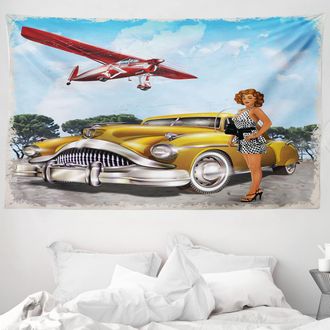 Abakuhaus Pin-up-Girl Wandteppich, Vintage Doppeldecker, aus Weiches Mikrofaser Stoff Waschbar ohne Verblassen Digitaldruck, 230 x 140 cm, Mehrfarbig