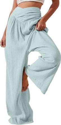 Generic Pantalon en coton et lin pour femme - Jambe large - Pantalon de plage d&eacute;t&eacute; confortable - Pantalon de yoga Palazzo - XIYU26004, bleu clair, XXL