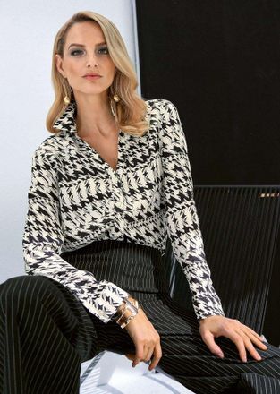 Madeleine Langarmbluse Elegantes Blusenshirt mit V-Ausschnitt Printshirt mit Klappkragen, Knopfleiste und Langarm