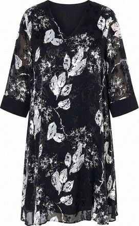 Ulla Popken Midikleid Ausbrenner-Kleid Seidenmix V-Ausschnitt 3/4-Arm