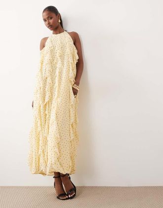 Vero Moda Robe longue dos nu &agrave; volants - Jaune p&acirc;le &agrave; pois
