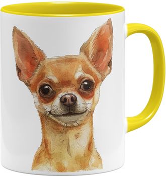 OM3 süße Chihuahua Kaffee-Tasse im Aquarell-Stil - Hundemotiv Hundefreunde - Keramik Becher - 325ml - Beidseitig Bedruckt - Gelb