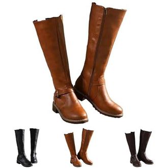 Generic Bottes dhiver longues pour femme, talon bas, style d&eacute;contract&eacute;, bout rond, longueur genou, chaussures &agrave; boucle occidentale avec fermeture &eacute;clair lat&eacute;r