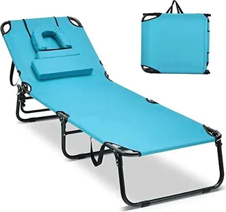 Giantex Chaise longue pliable pour bronzage avec trou pour le visage et oreiller amovible, dossier et repose-pieds r&eacute;glables, fauteuil portable pour piscine e