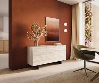 DELIFE Sideboard Cuor 150 cm Keramik Laminam Travertino Bianco Creme-Wei&szlig; 3 T&uuml;ren Fu&szlig; Schwebeoptik Metall Schwarz, Sideboards