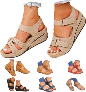 Generic Sandales orthop&eacute;diques compens&eacute;es pour femme - Bout ouvert - Confortables - Style boh&egrave;me d&eacute;contract&eacute; - Chaussures de marche &agrave; talons hauts avec soutie