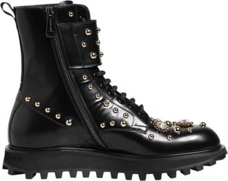 Dolce & Gabbana Homme, Chaussures, Noir, Taille: 43 1/2 EU Bottes mi-mollet en cuir à lacets cloutées