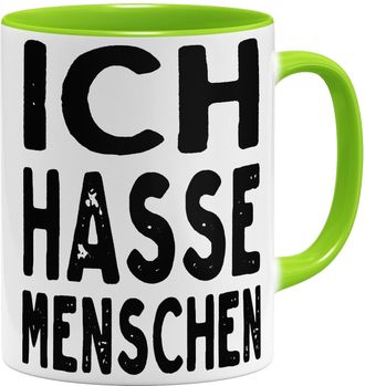 OM3 Ich hasse Menschen Kaffee-Tasse mit Spruch II - Statement Spruchtasse - Keramik Becher - 11oz 325ml - Beidseitig Bedruckt - Hellgr&uuml;n