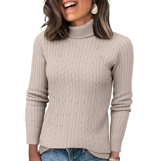 Generic Pull Femme Hiver Chaud col Montant Mode Ample Sweatshirts Couleur Unie Pull Femme Chic et El&eacute;gant D&eacute;contract&eacute; Manche Longue Jumper Tops Beige