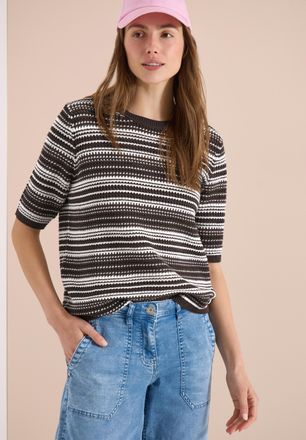 Cecil Strickpullover CECIL, Damen, Gr. XXL (46), schwarz-wei&szlig; (braun cacao), Strick, Obermaterial: 100% Baumwolle, gestreift, normal h&uuml;ftbedeckend, Rundhals