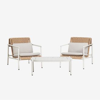 Sklum Gartenset mit 2 Sesseln und Couchtisch aus Aluminium und synthetischem Rattan Duroli Gardenia Wei&szlig;