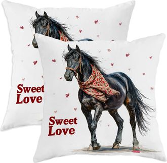 Generic Schwarzer Schal Mit Romantischem Pferdemotiv Und Fantasievollen Herzen Dekokissenbezug Modern Sofakissen Quadratische Zierkissenbezug F&uuml;r Balkon Bett 