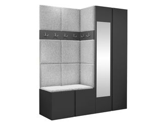 Mirjan24 Garderoben-Set Monati XII, Kleiderschrank mit Spiegel, Schuhschrank, 2X Kleiderhakenbrett, Gepolstertes Paneel/Wandpaneel, 6 Doppelhaken, Flurgarderob