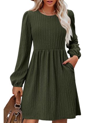 Zeagoo Strickkleid Damen Herbst Langarm Rundhals Kleid A-Line Winterkleider Elegant Knielang Kleider Armeegr&uuml;n XL