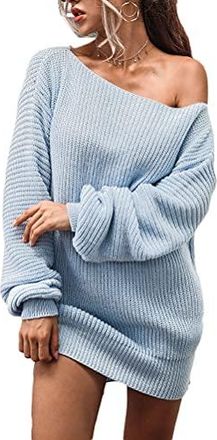 Onsoyours Robe Pull Femme Elégante Couleur Unie Sexy Robe Automne Hiver Tricotée à Manches Lanterne à Epaules Dénudées Bleu Ciel XL