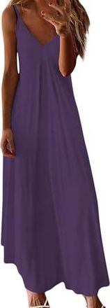 Generic Robe longue d&eacute;t&eacute; pour femme, robe d&eacute;bardeur d&eacute;contract&eacute;e &agrave; imprim&eacute; floral, col en V, sans manches, dos nu, robe de plage ample, bretelles spaghetti, t