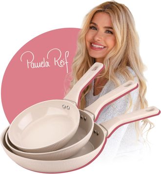 Fackelmann Fackelmann x Pamela Reif Bratpfannen-Set 3-tlg &Oslash; 20-24-28 cm - recyceltes Aluminium, Pastell-Beige, PFAS-freie Keramikbeschichtung, modernes Rillen-De