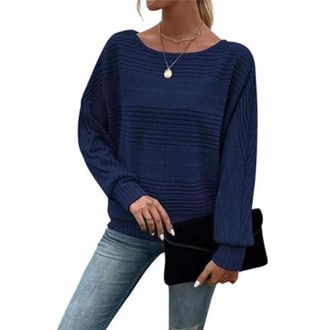 Generic Femmes Doux Solide Batwing Casual Col Rond Pull Haut Manches Longues Haut Business Casual Blousesfall Fashion, bleu marine, XXL