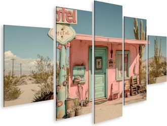 Islandburner Bild auf Leinwand Vergessenes Motel in der Wüste mit Kaktus für Wohnzimmer Kunstliebhaber Boutique Bilder Wandbilder Poster
