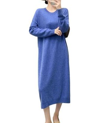 Generic Robe en tricot cachemire pour femme - Couleur unie - Polyvalente, douce et confortable, bleu, M