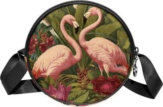 Generic Petit sac &agrave; bandouli&egrave;re rond pour femme, motif flamants roses et floraux, avec fermeture &eacute;clair, bretelles r&eacute;glables, sac &agrave; main rond d&eacute;contract&eacute; pour