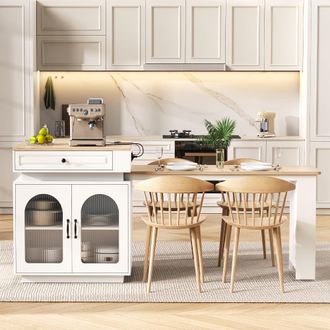 Merax Kücheninsel mit Rollen, ausziehbarer Esstisch & LED-Beleuchtung - Küchenwagen mit Steckdosenleiste, Stauraum, Schublade und Getränkeablage für Küche, 