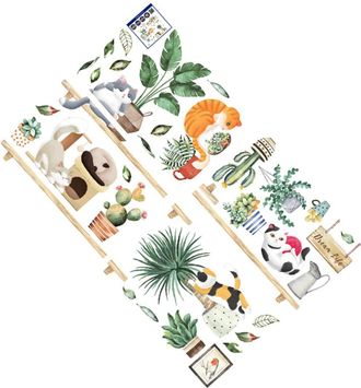 Angoily Selbstklebender Wandaufkleber Mit Katze Und Pflanzen Abnehmbarer Wanddekor Für Wohnzimmer Schlafzimmer Esszimmer Wiederverwendbare Dekorative Wandstic