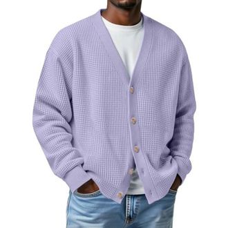 Generic Cardigan textur&eacute; gaufr&eacute; pour homme, manches longues, col en V, ouvert sur le devant, l&eacute;ger et boutonn&eacute;, violet, 3XL