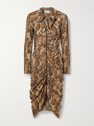 Isabel Marant Connie Midikleid Aus Einer Devor&eacute;-seidenmischung Mit Schlangenprint, Raffungen Und Schluppe - Animal-Print
