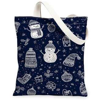Generic Sacs fourre-tout en toile motif bonhomme de neige dhiver, sacs d&eacute;picerie r&eacute;utilisables, vintage, amusant, l&eacute;ger, lavable avec bandouli&egrave;re, bleu marine